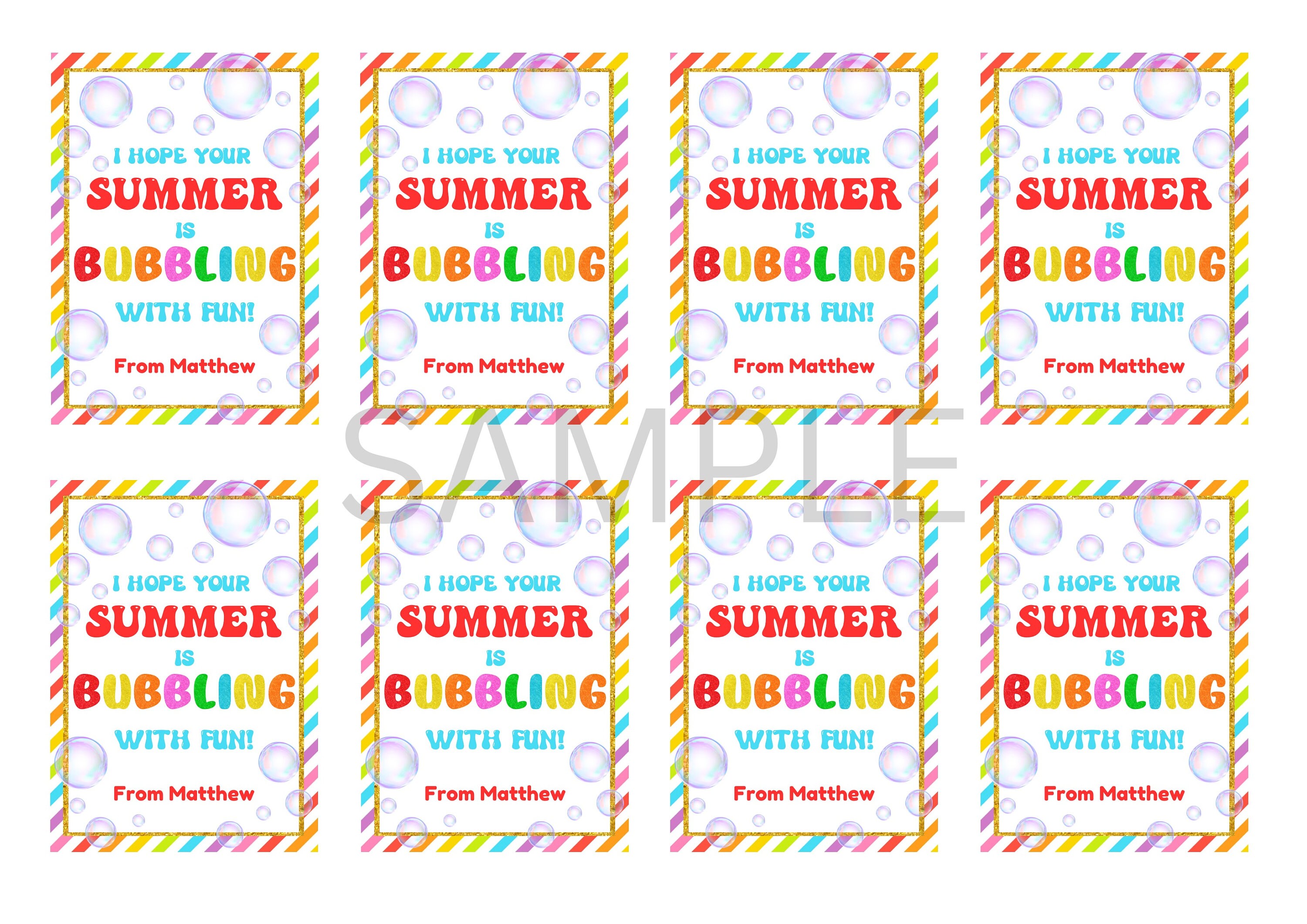 Printable End of School Year Tag Editable Colourful Glittery Bubbles ...