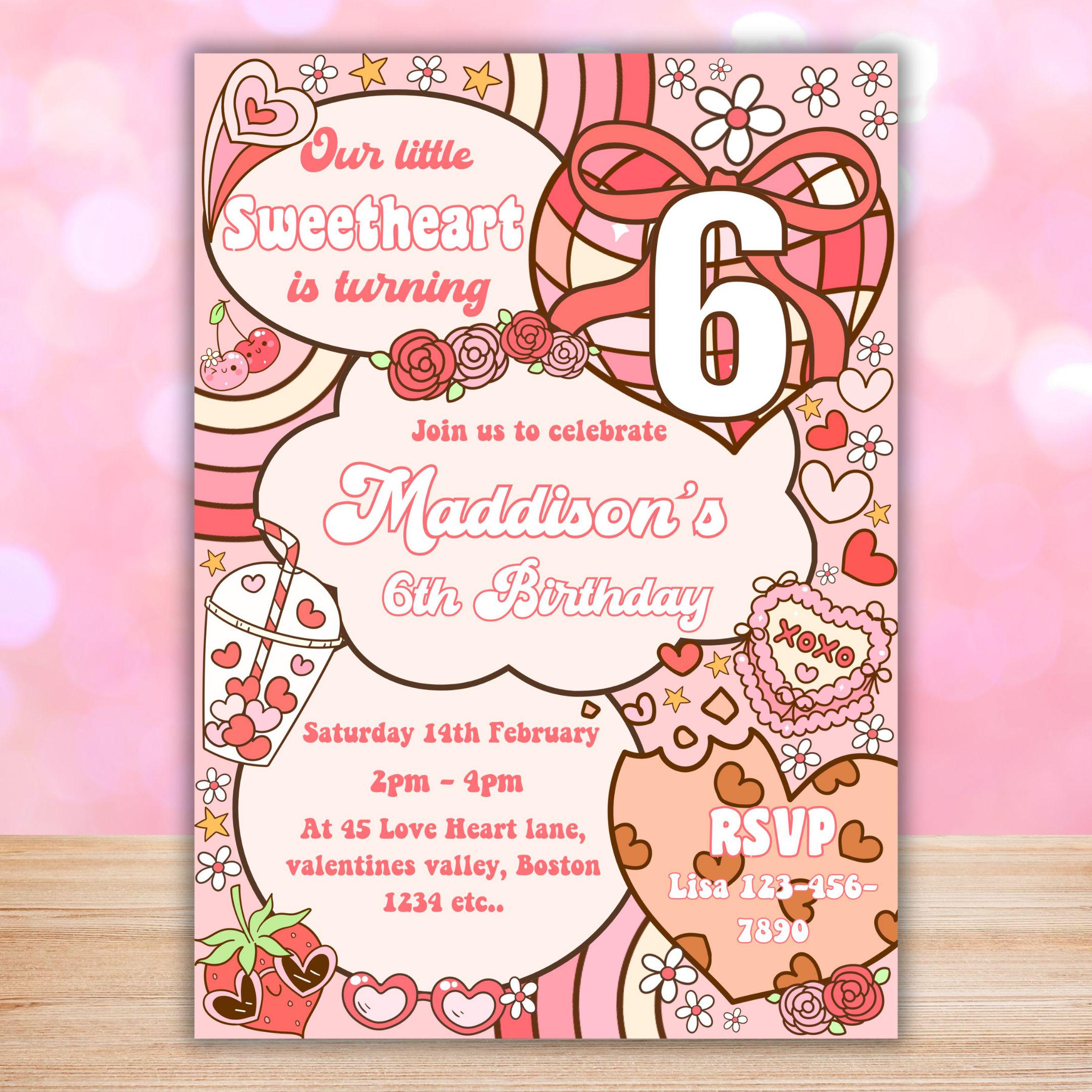 Printable Groovy Sweetheart 6th Birthday Party Invitation Valentines ...