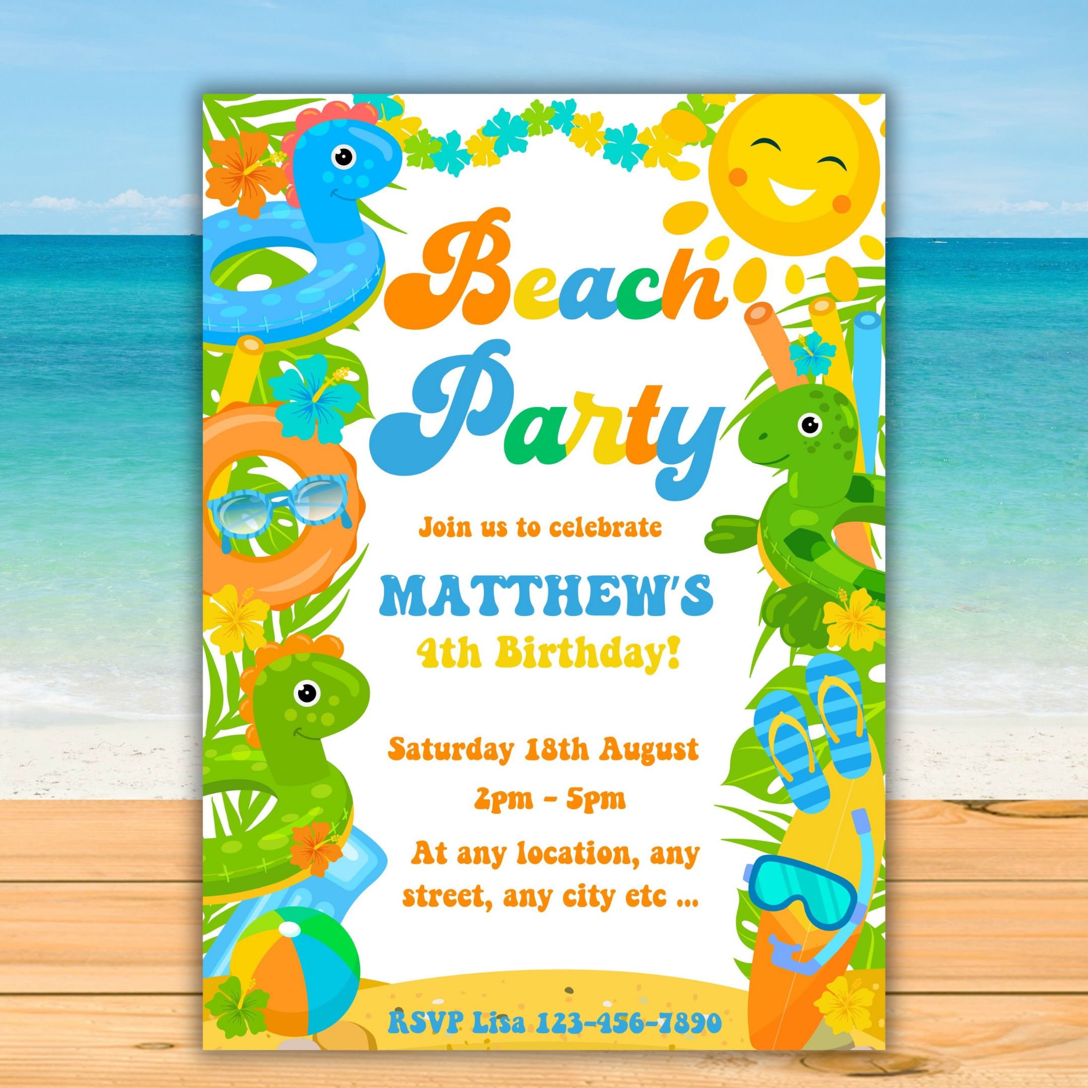 Printable Dinosaur Beach Party Boys Birthday Invitation Dino Summer ...