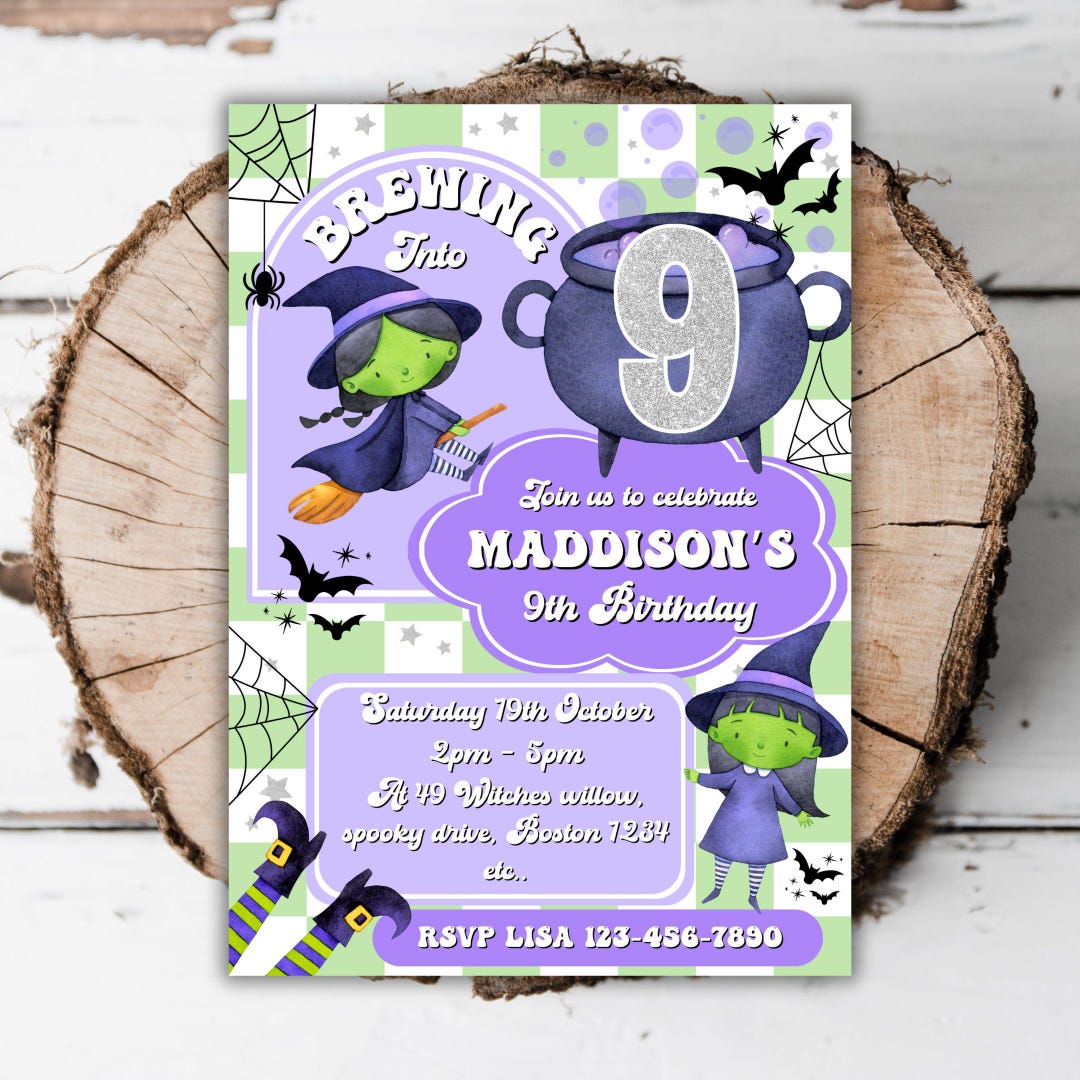 Printable Halloween 9th Birthday Invitation Girls Witch Spooky Nine ...