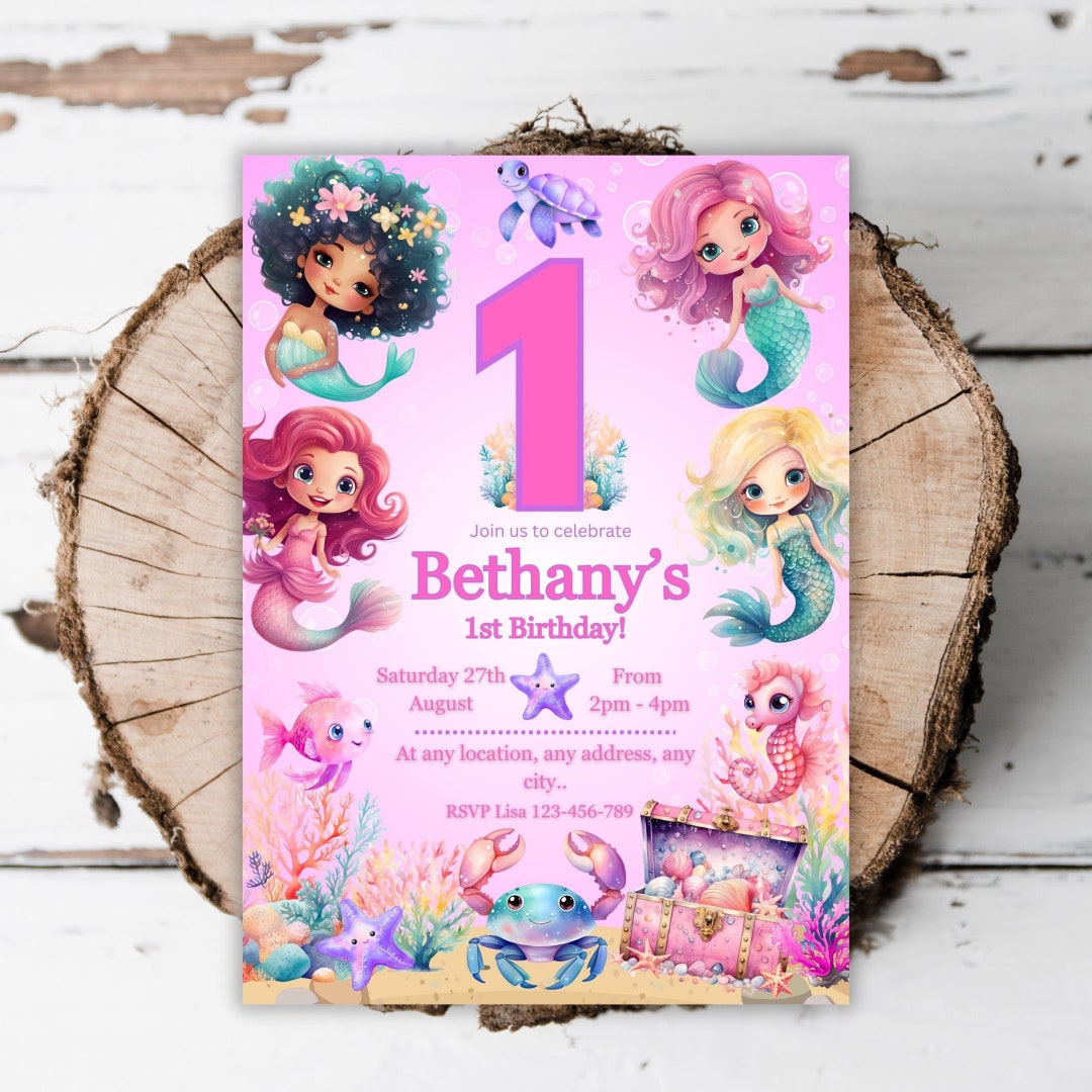 Printable Girls 1st Mermaid Birthday Party Invitation Under the Sea ...