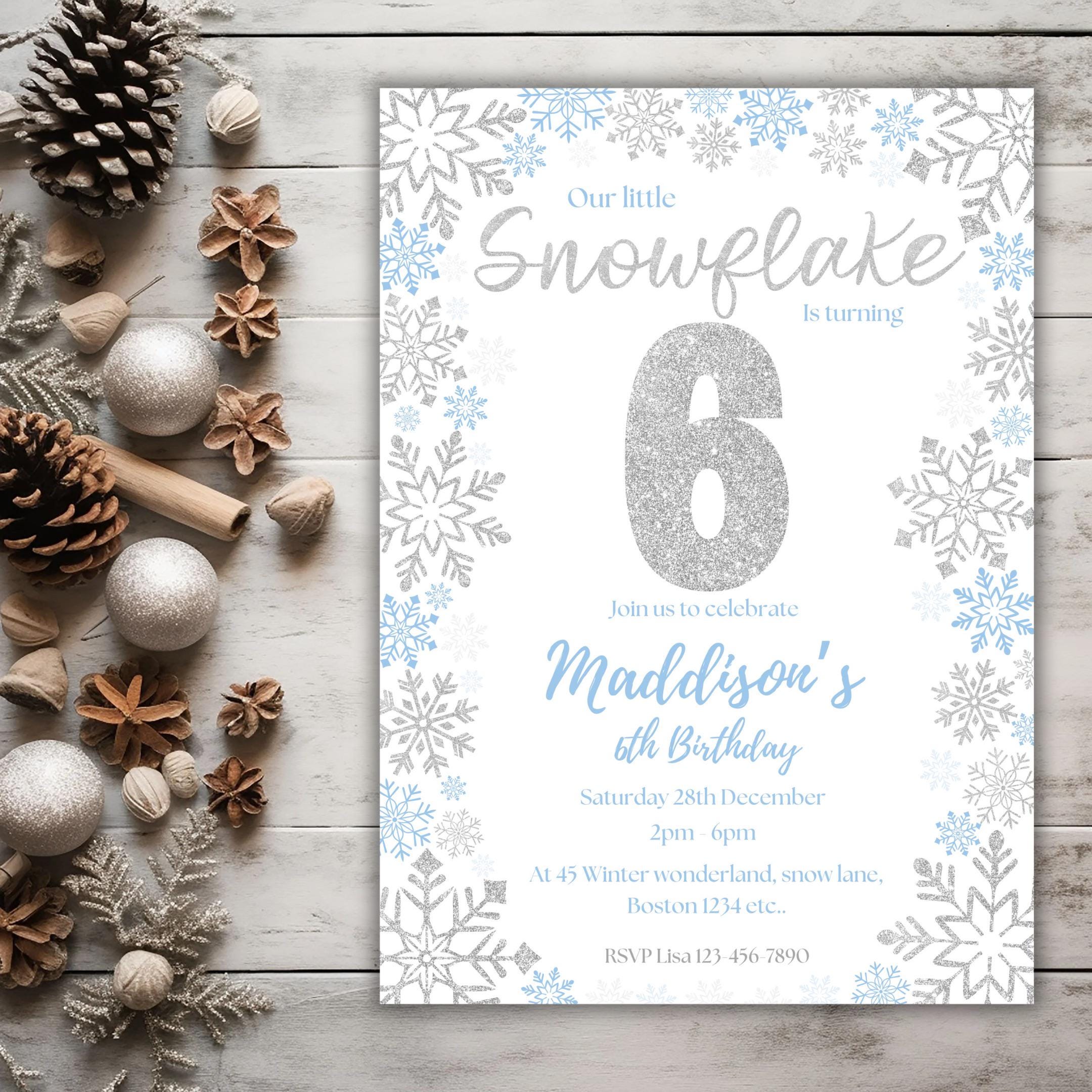 Printable Snowflake 6th Birthday Invitation Winter Wonderland Glitter ...
