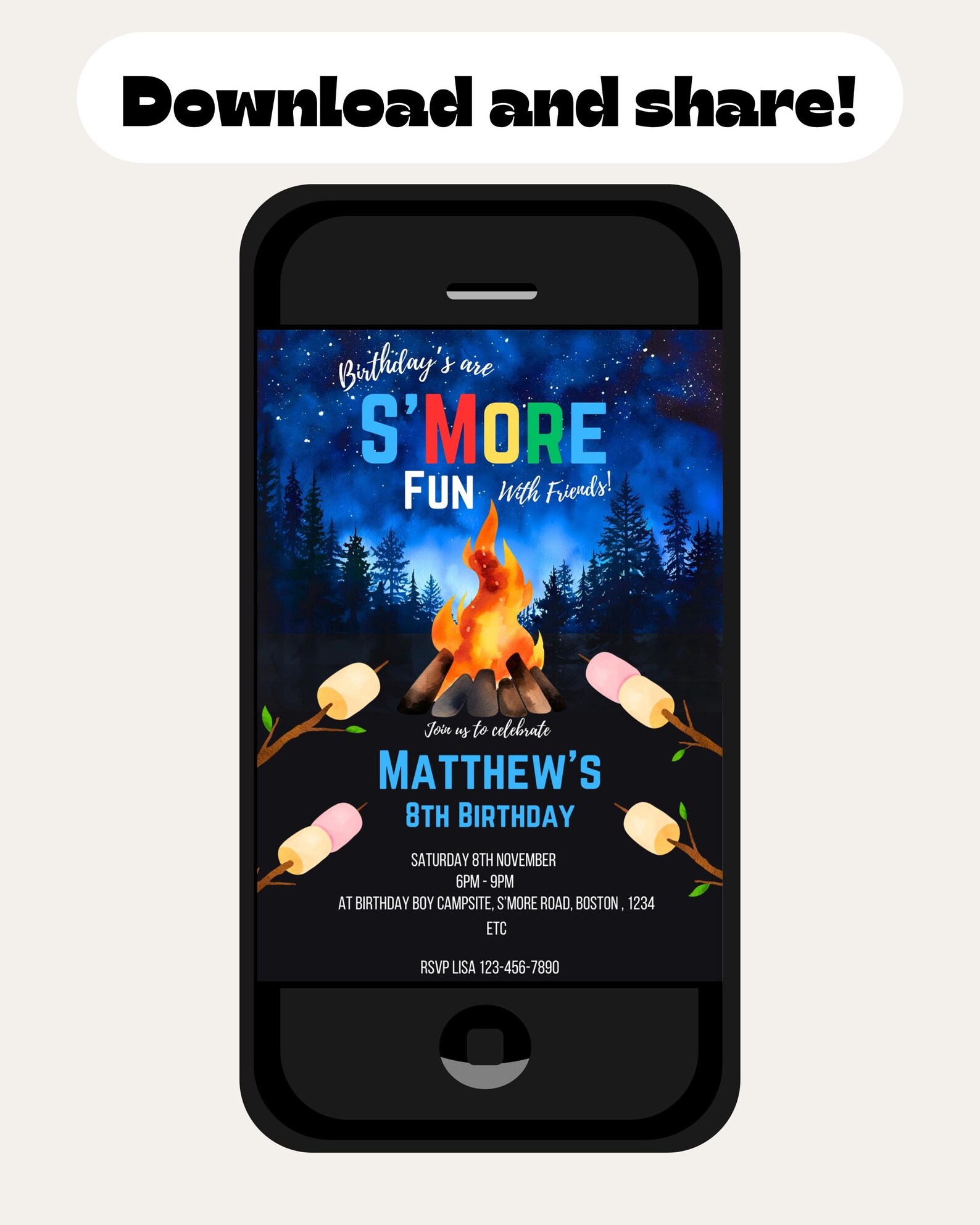 Printable Smore Birthday Invitation Boys Camping Party Editable Bonfire ...