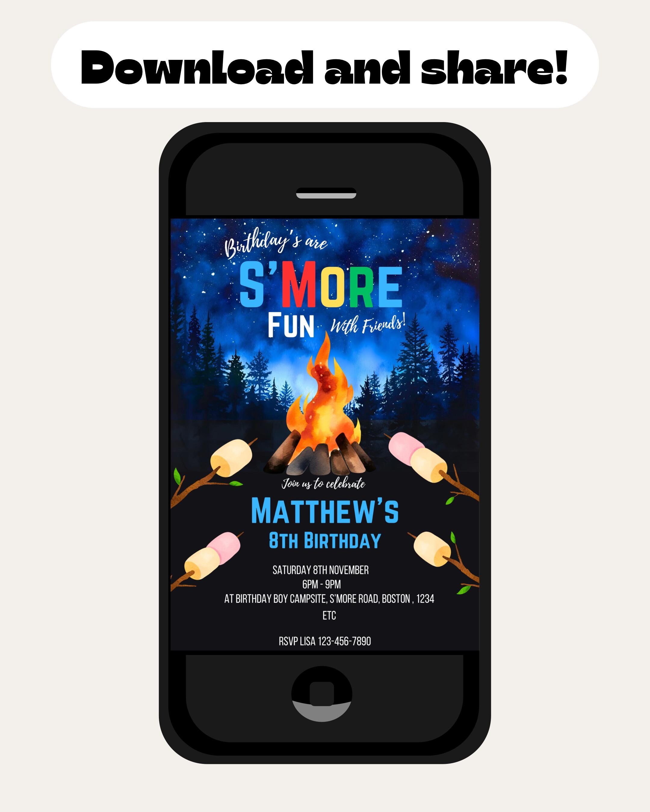 Printable Smore Birthday Invitation Boys Camping Party Editable Bonfire ...