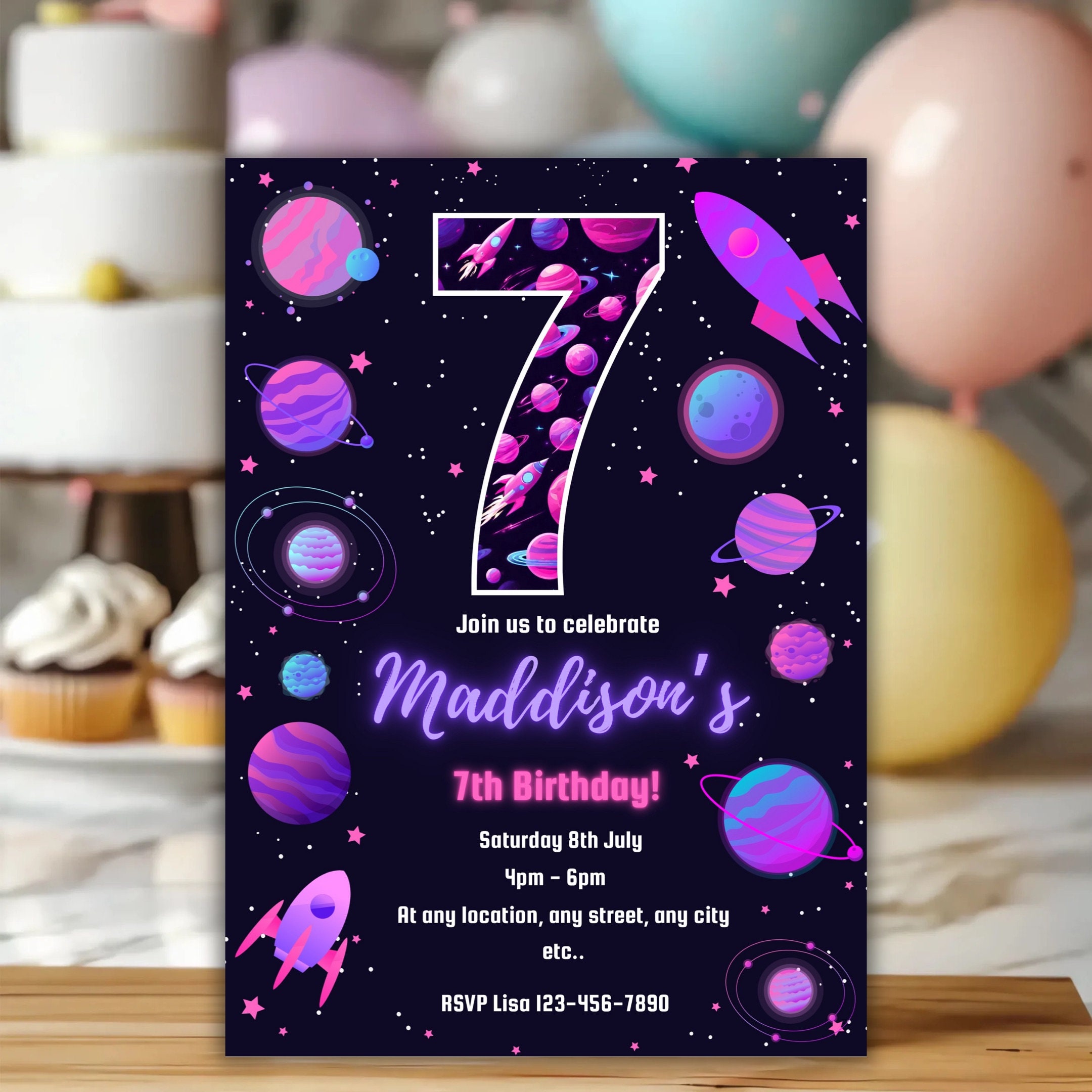Printable Glow Outer Space Pink Birthday Party Invitation Neon Cosmic ...