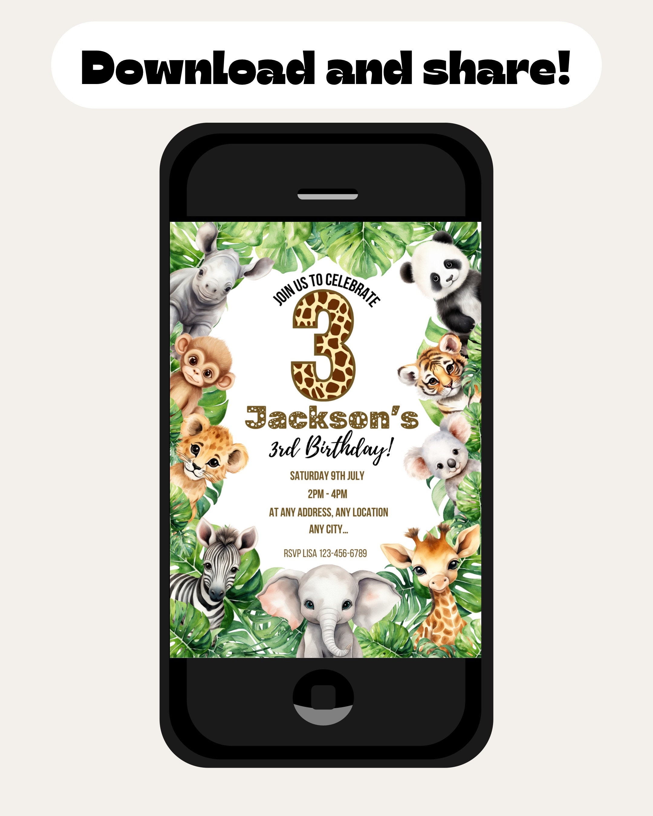 Printable Jungle Safari 3rd Birthday Party Invitation Template Boys ...