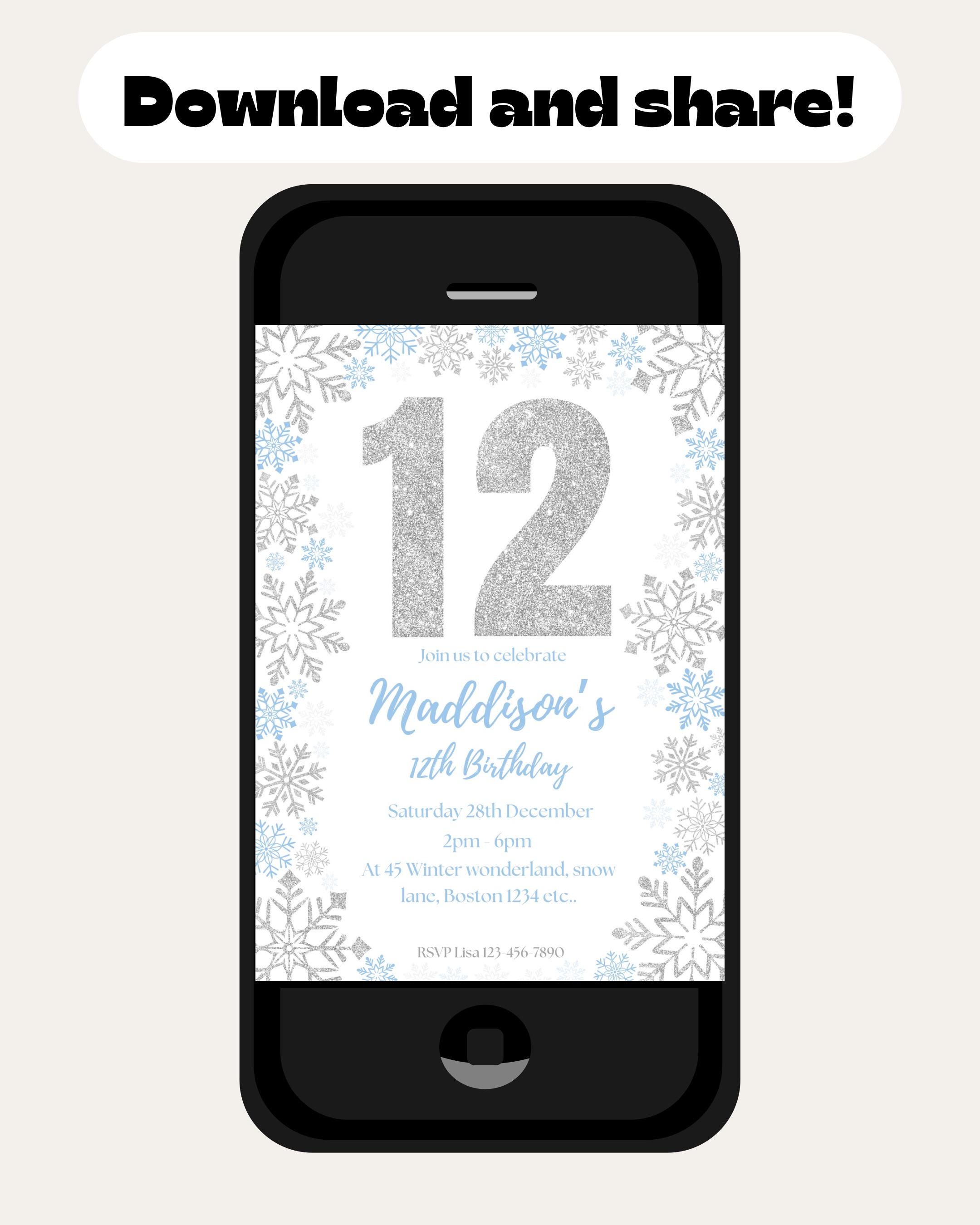 Printable Snowflake 12th Birthday Invitation Winter Wonderland Glitter ...