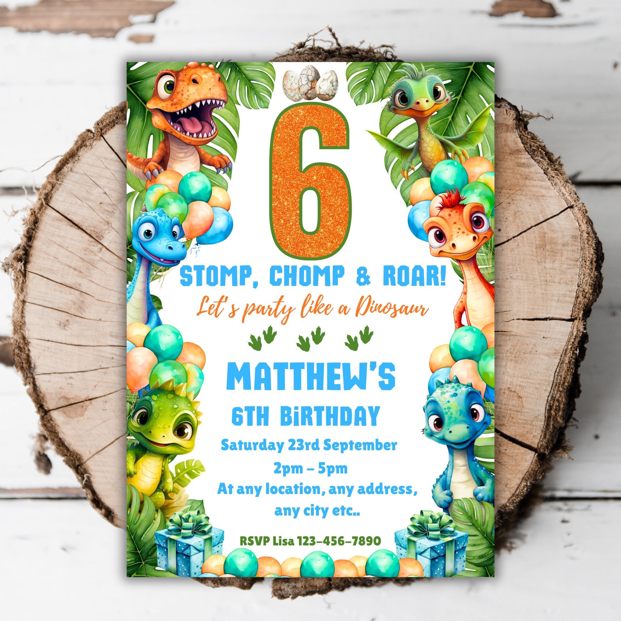 Printable Dinosaur Boys 6th Birthday Invitation Dino Editable Jurassic ...