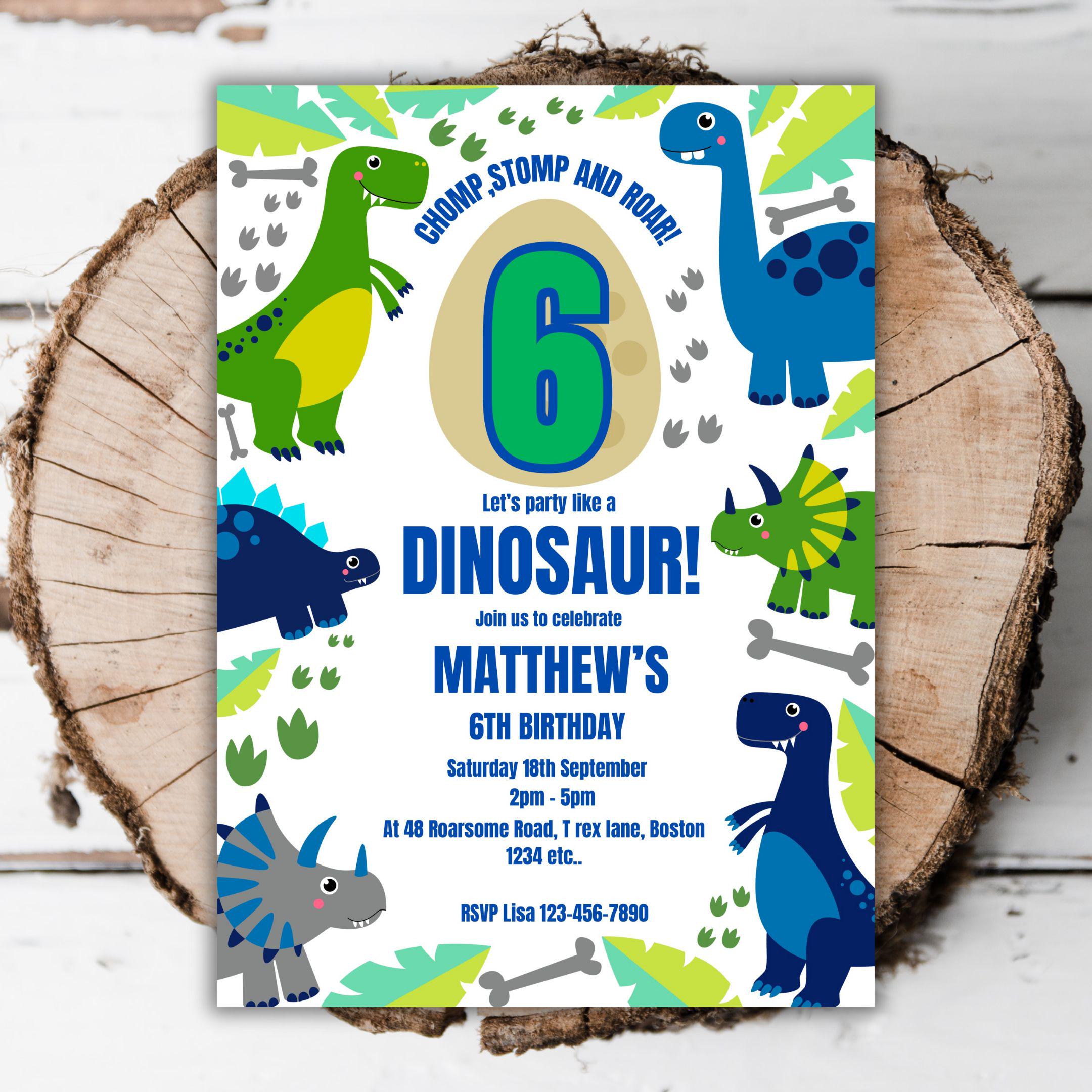 Printable Dinosaur Boys 6th Birthday Invitation Dino Editable Jurassic ...
