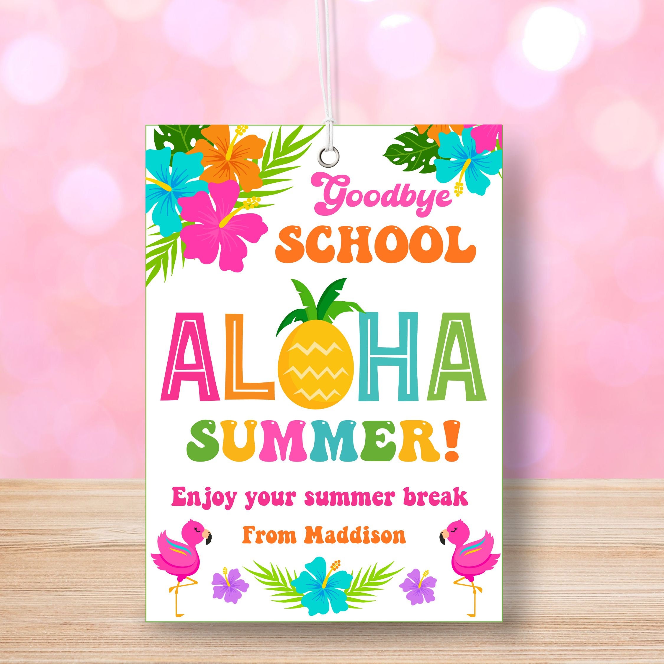 Printable Aloha Summer End of School Year Tag Editable Hawaiian Glitter ...