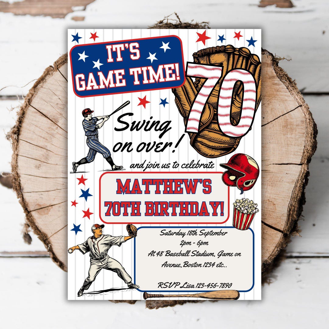 Printable Baseball 70th Birthday Invitation Mens All Star Editable ...