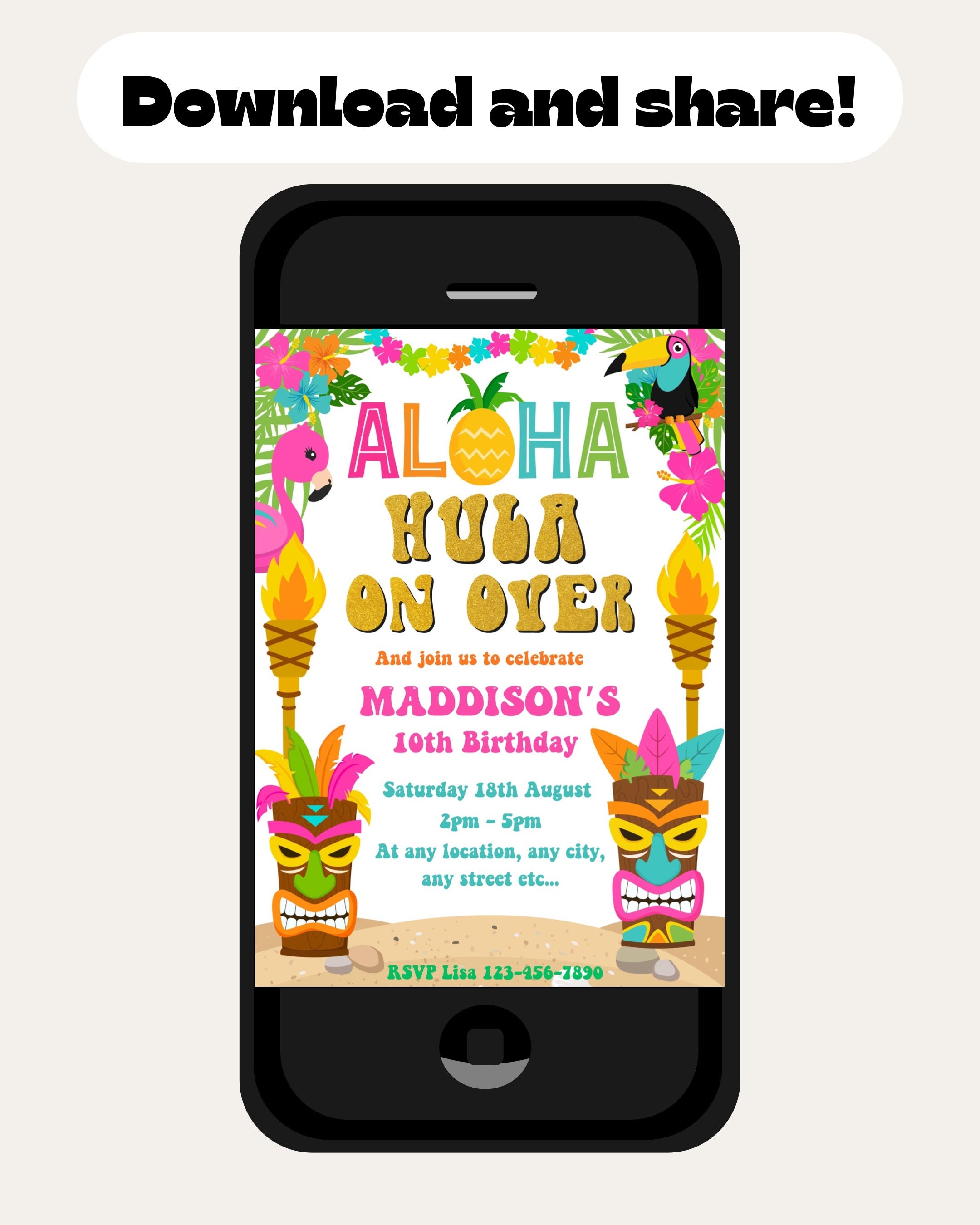 Printable Hawaiian Luau Girls Birthday Invitation Tropical Tiki Pool Party Editable Birthday ...