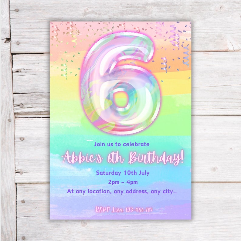 Imprimible Rainbow niñas 6to cumpleaños invitación brillo plantilla ...