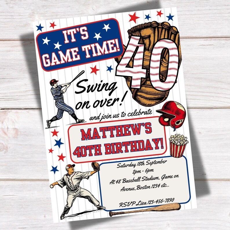 Printable Baseball 40th Birthday Invitation Mens All Star Editable ...