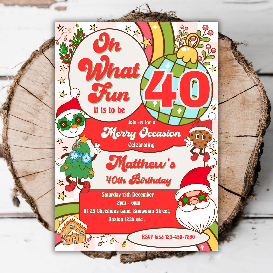 Printable Christmas 40th Birthday Invitation Mens Retro Oh What Fun ...