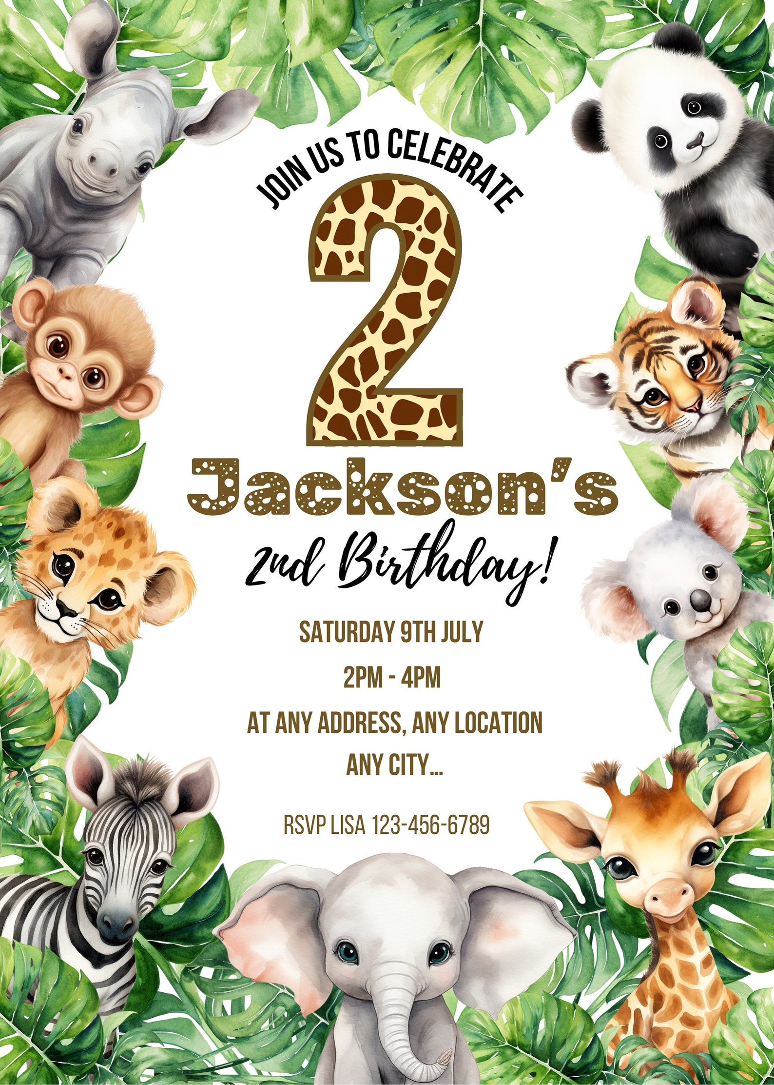 Printable Jungle Safari 2nd Birthday Party Invitation Template Boys ...