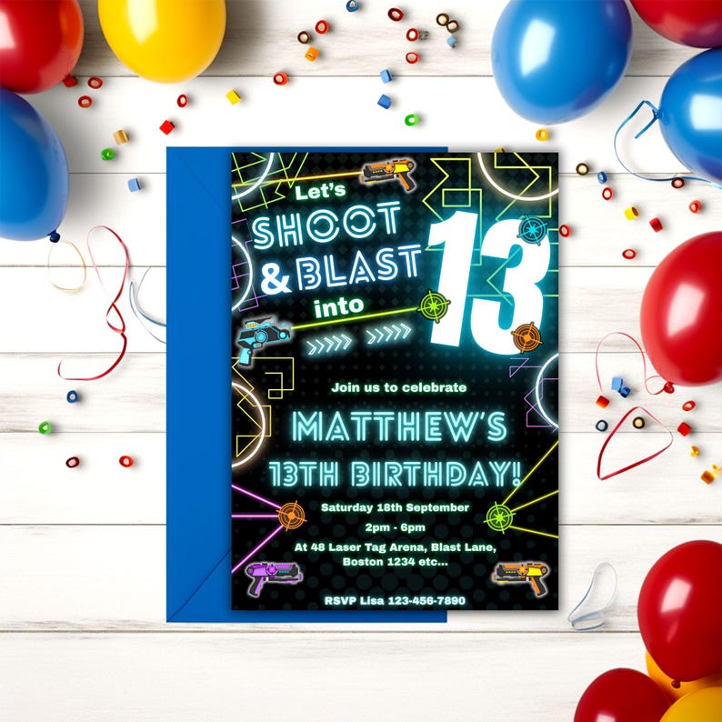 Printable Laser Tag 13th Birthday Invitation Neon Arcade Editable Boys ...