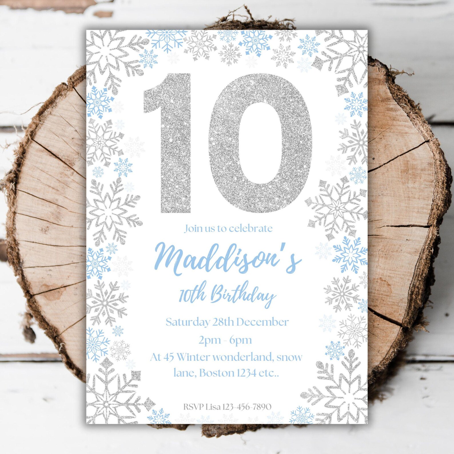 Printable Snowflake 10th Birthday Invitation Winter Wonderland Glitter ...