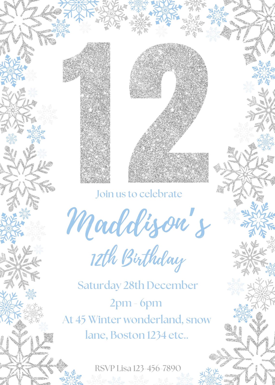 Printable Snowflake 12th Birthday Invitation Winter Wonderland Glitter ...