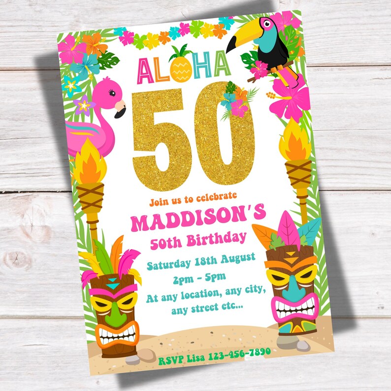 Printable Hawaiian Luau Adult Aloha 50th Birthday Invitation Tropical ...