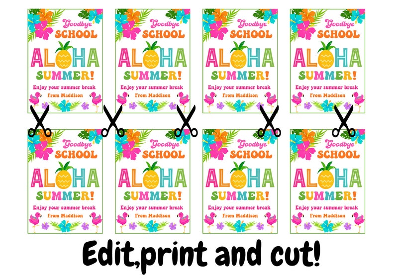 Printable Aloha Summer End of School Year Tag Editable Hawaiian Glitter ...