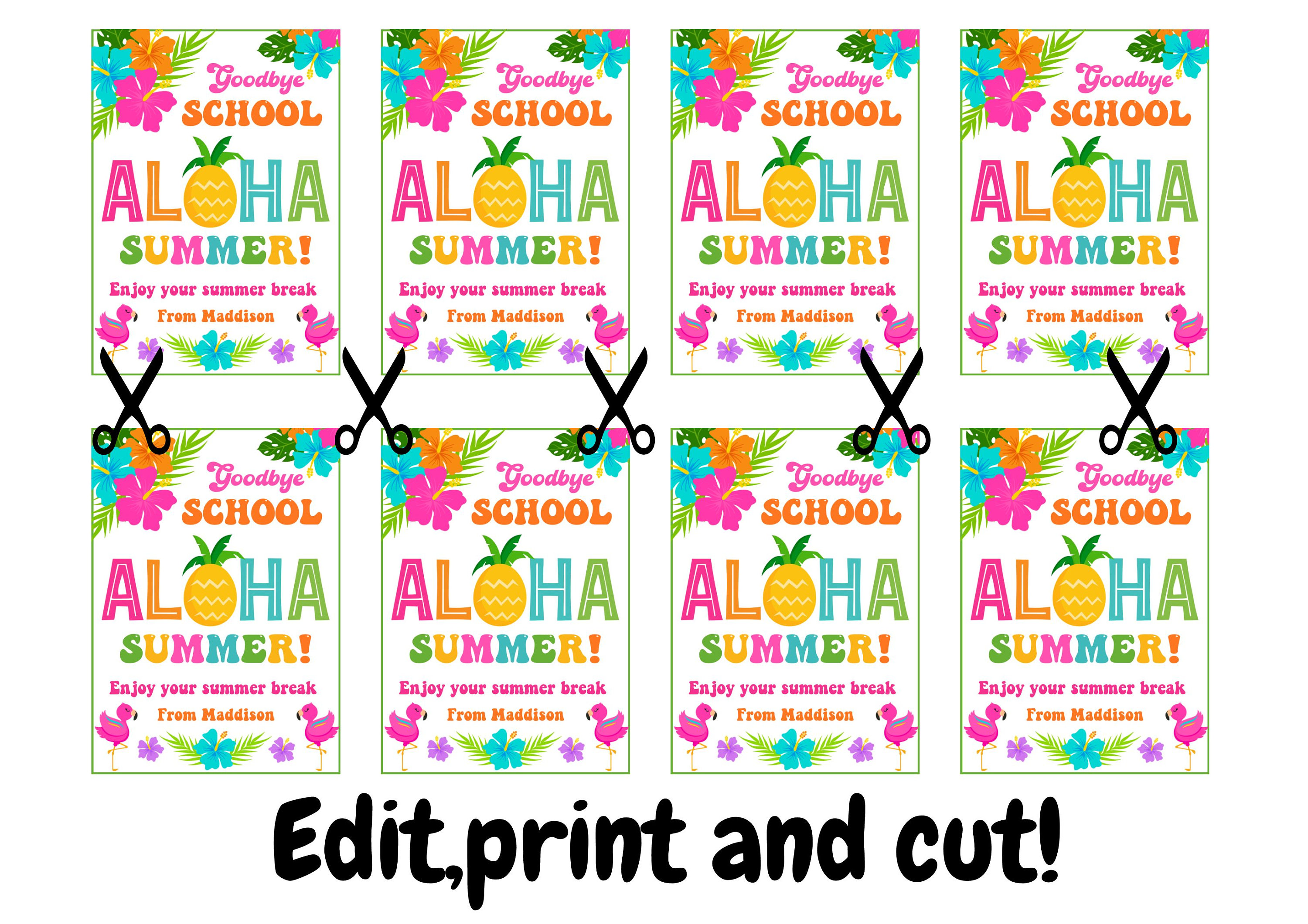 Printable Aloha Summer End of School Year Tag Editable Hawaiian Glitter ...