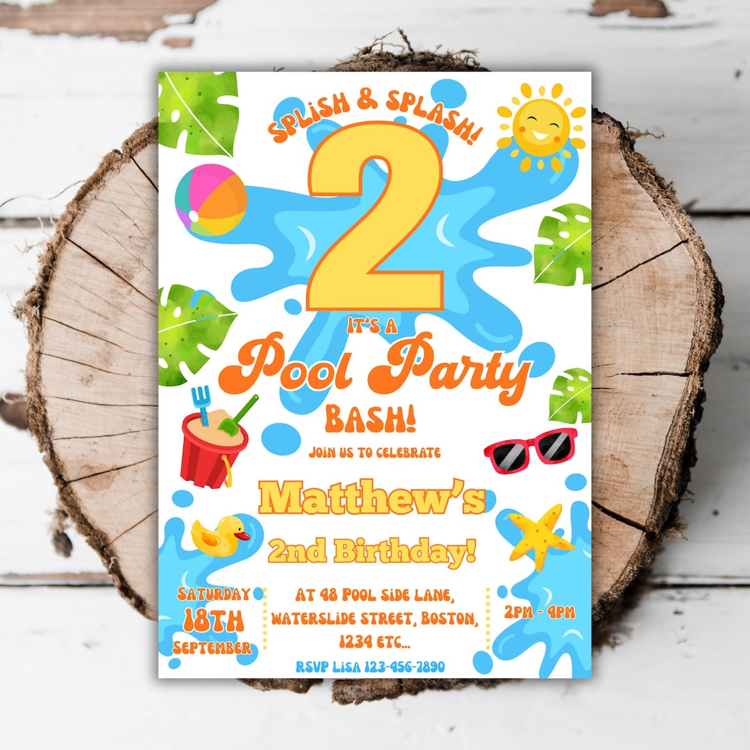 Printable Pool Party 2nd Birthday Invitation Waterpark Editable Boys ...