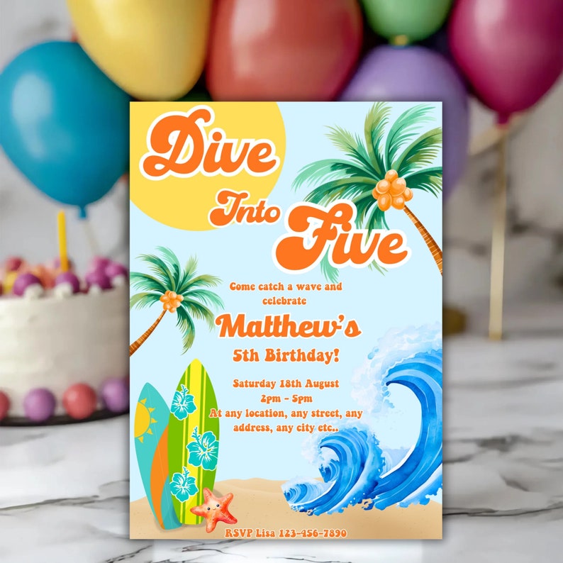 Printable Retro Dive Into Five Boys Invitation Surfing Editable Boys ...