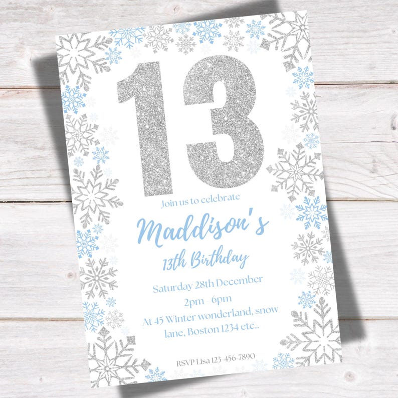 Printable Snowflake 13th Birthday Invitation Winter Wonderland Glitter ...