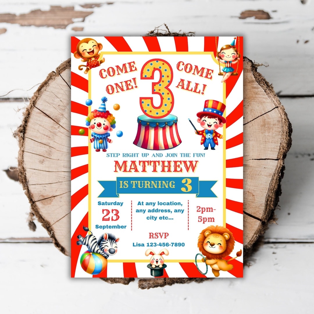 Printable Circus 3rd Birthday Invitation Carnival Editable Greatest ...