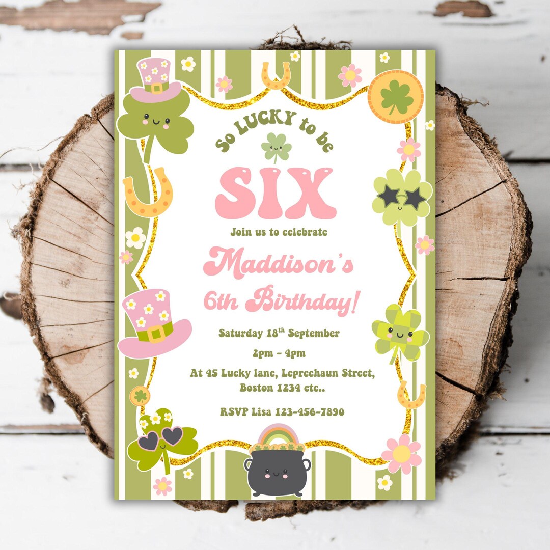 Printable St Patrick’s 6th Birthday Party Invitation Groovy Retro ...