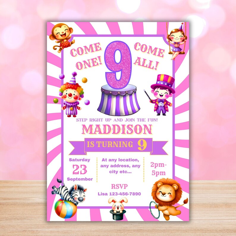 Printable Circus 9th Birthday Invitation Carnival Editable Greatest ...