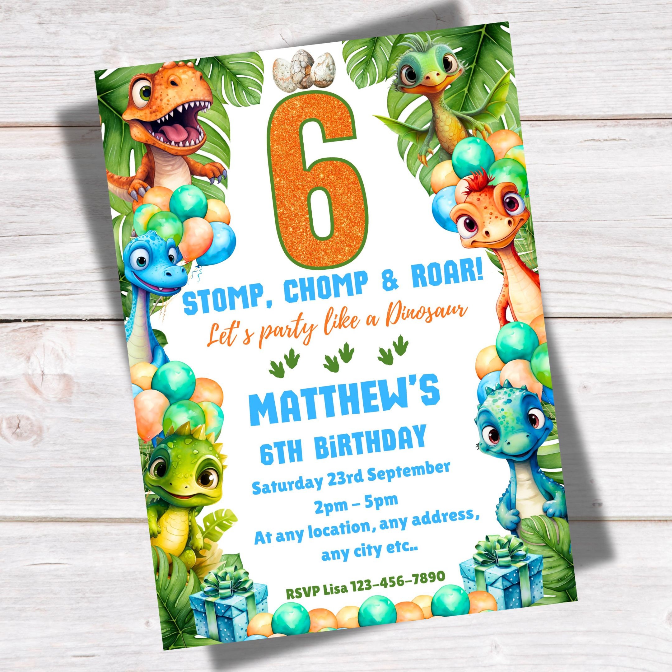 Printable Dinosaur Boys 6th Birthday Invitation Dino Editable Jurassic ...