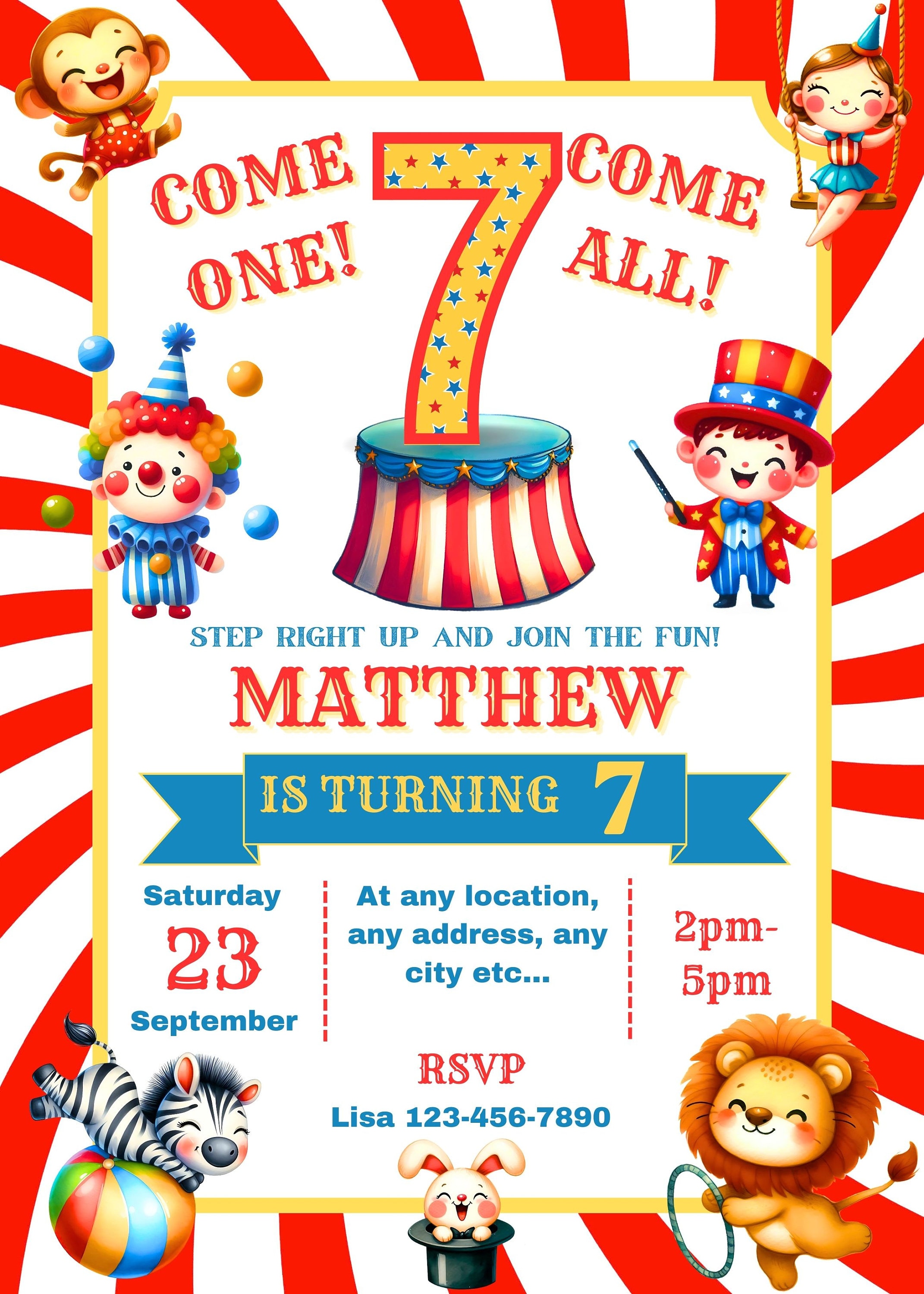 Printable Circus 7th Birthday Invitation Carnival Editable Greatest ...