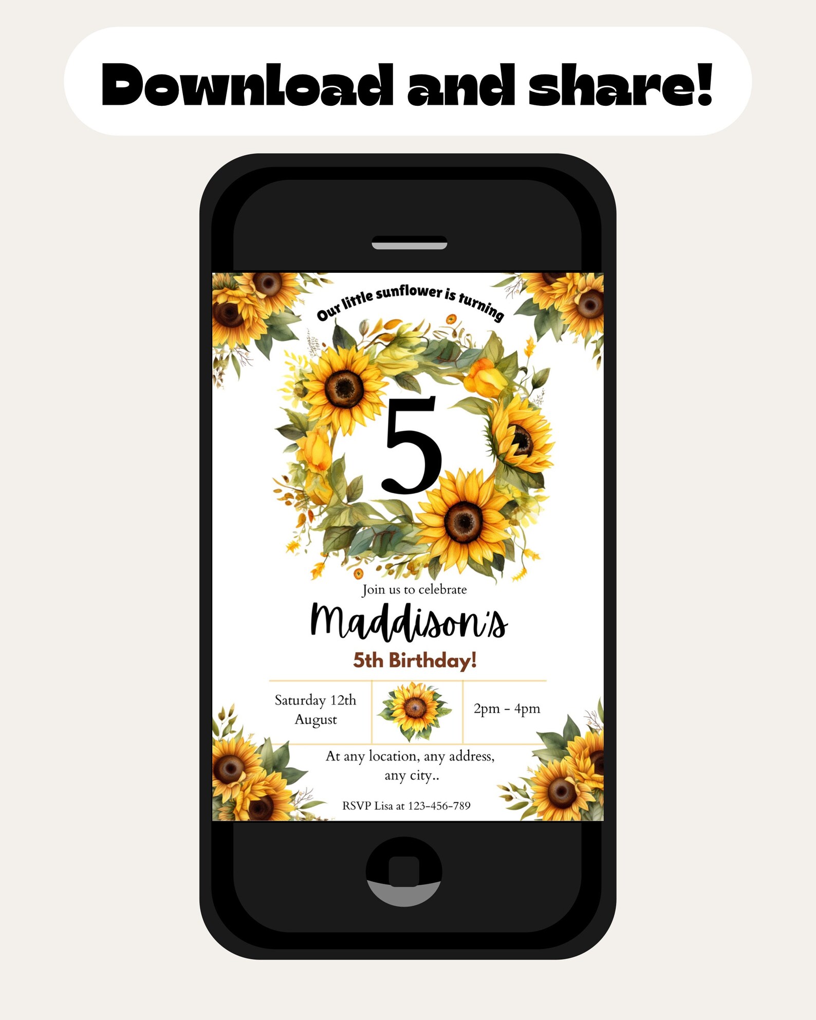 Printable Sunflower 5th Birthday Invitation Editable Rustic Flower ...