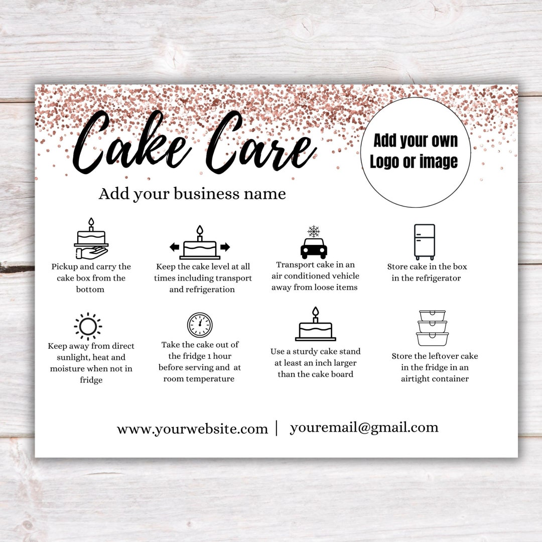 Printable Cake Care Card Template Rose Gold Cake Care Editable Card ...