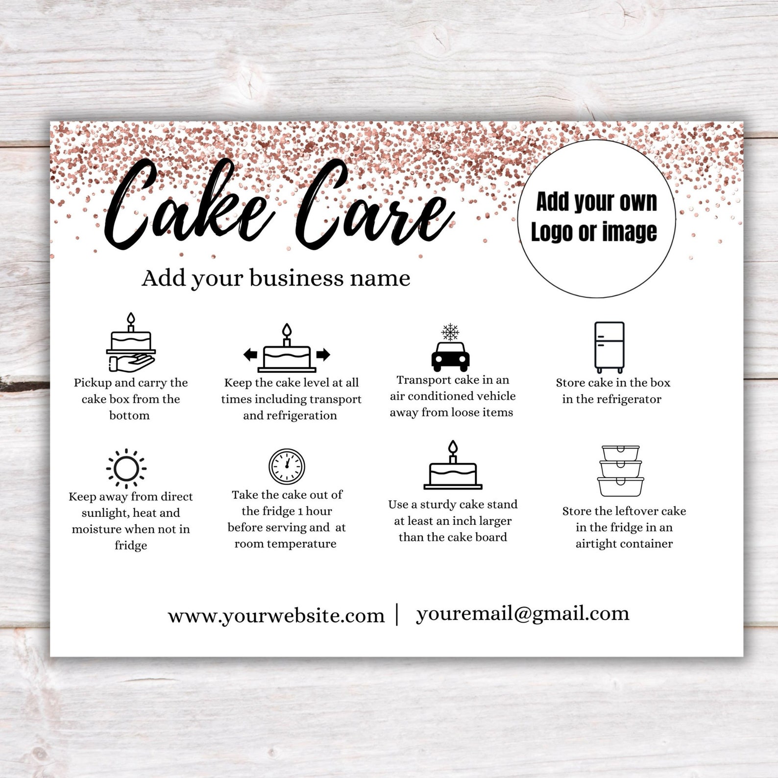 Printable Cake Care Card Template Rose Gold Cake Care Editable Card ...