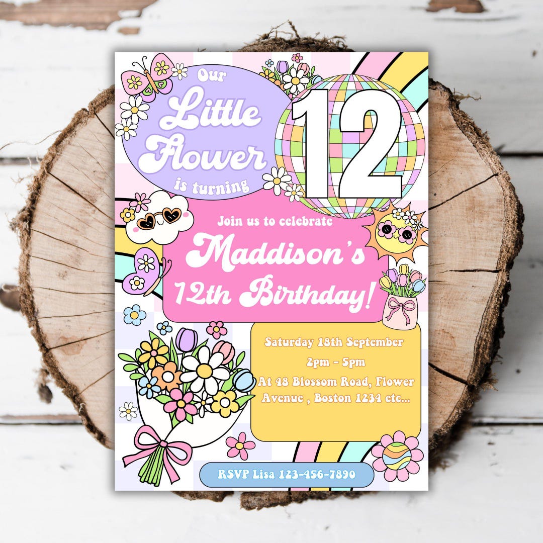 Printable Flower 12th Birthday Party Invitation Groovy Floral Editable ...