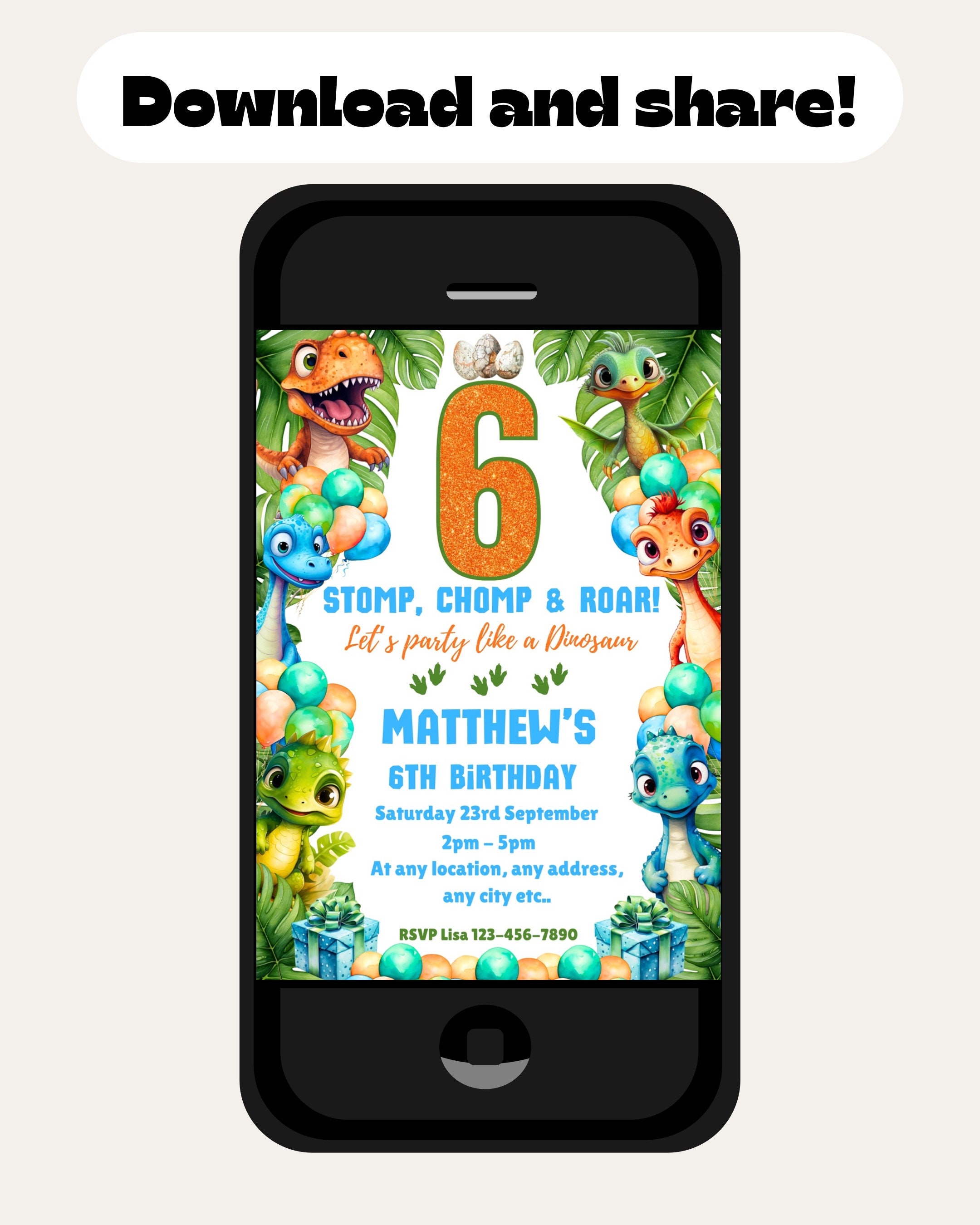 Printable Dinosaur Boys 6th Birthday Invitation Dino Editable Jurassic ...