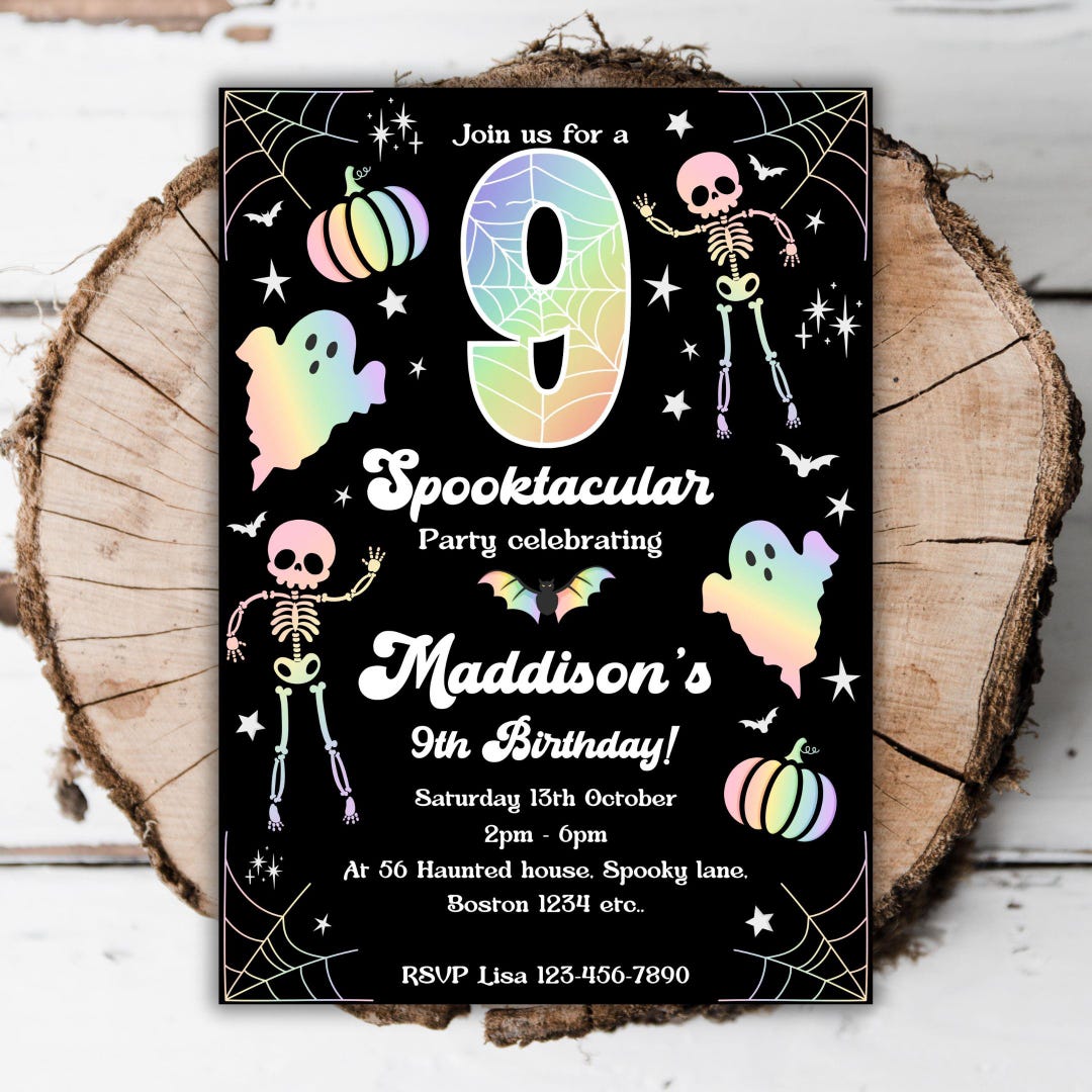 Printable Halloween 9th Birthday Invitation Holographic Rainbow Spooky ...