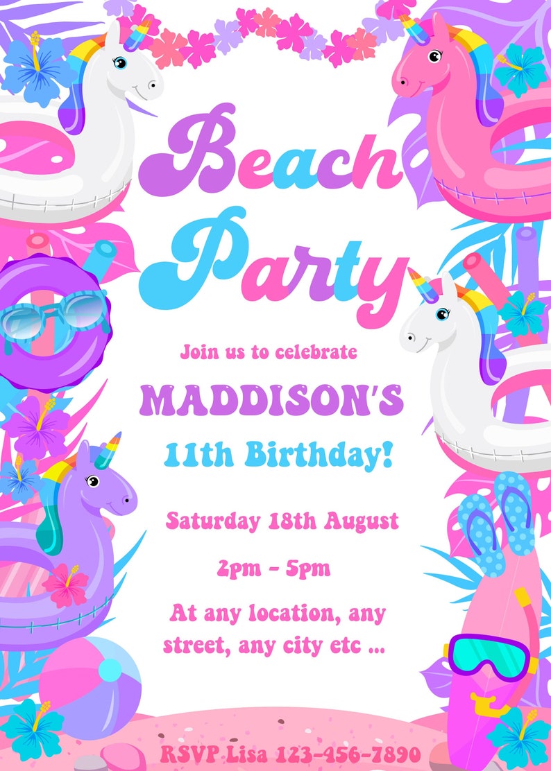 Printable Unicorn Beach Party Invitation Pool Party Invite Girls ...