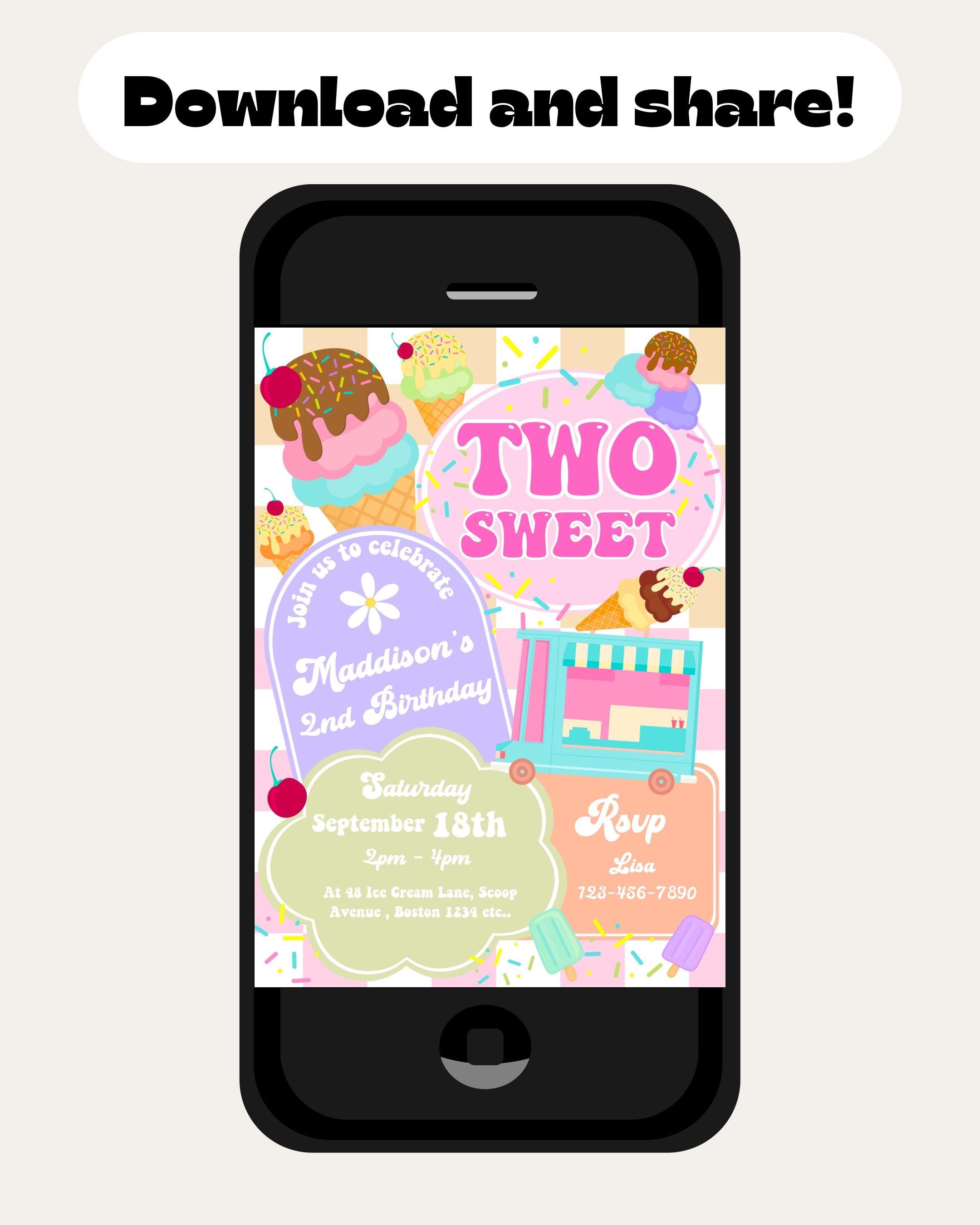 Printable Ice Cream 2nd Birthday Invitation Girls Ice Pop Editable Two ...