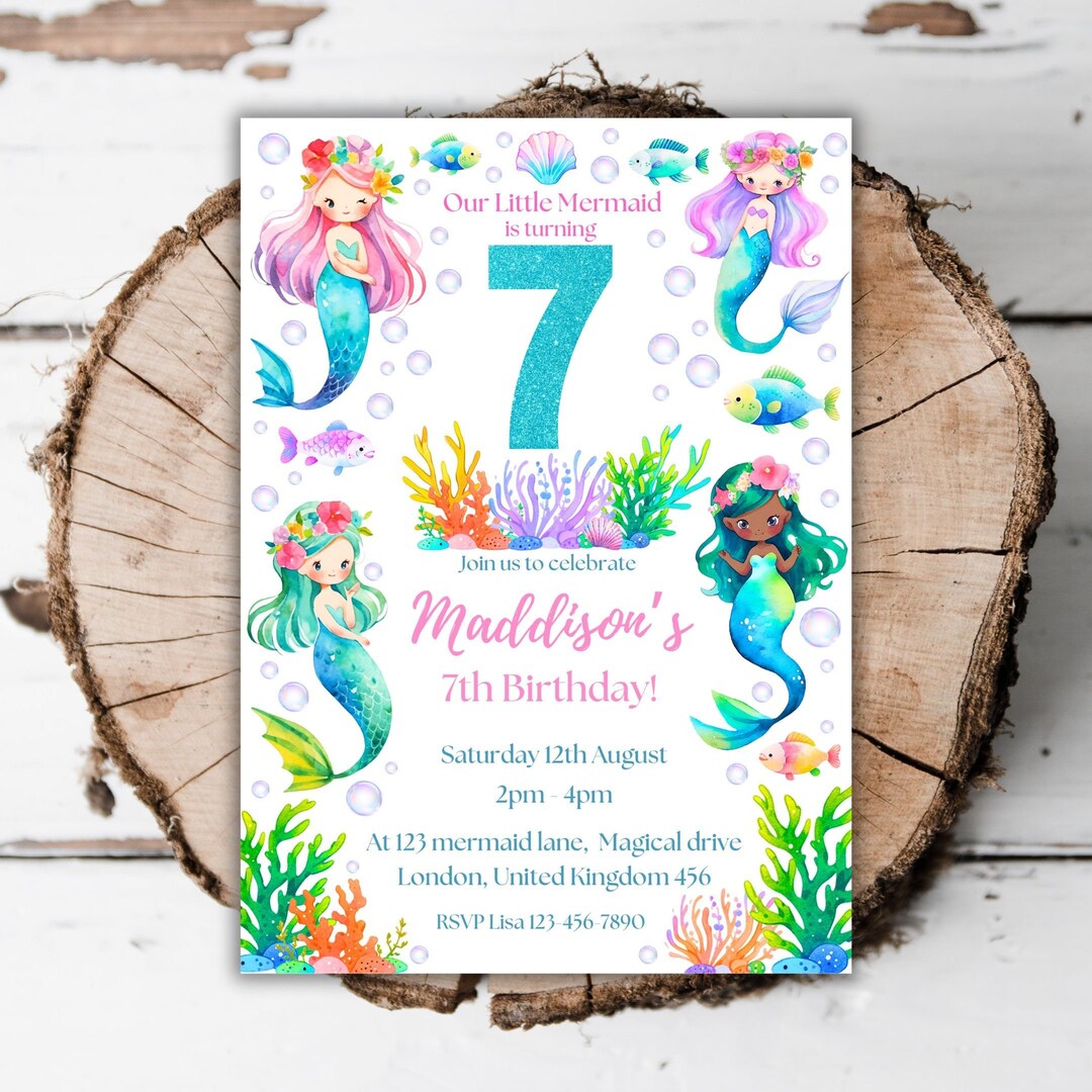 Printable Mermaid 7th Birthday Invitation Girls Tropical Under the Sea ...