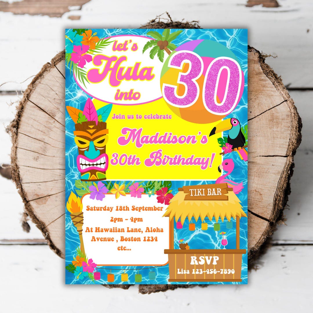 Printable Hawaiian Luau Women’s 30th Birthday Invitation Tropical Pool ...