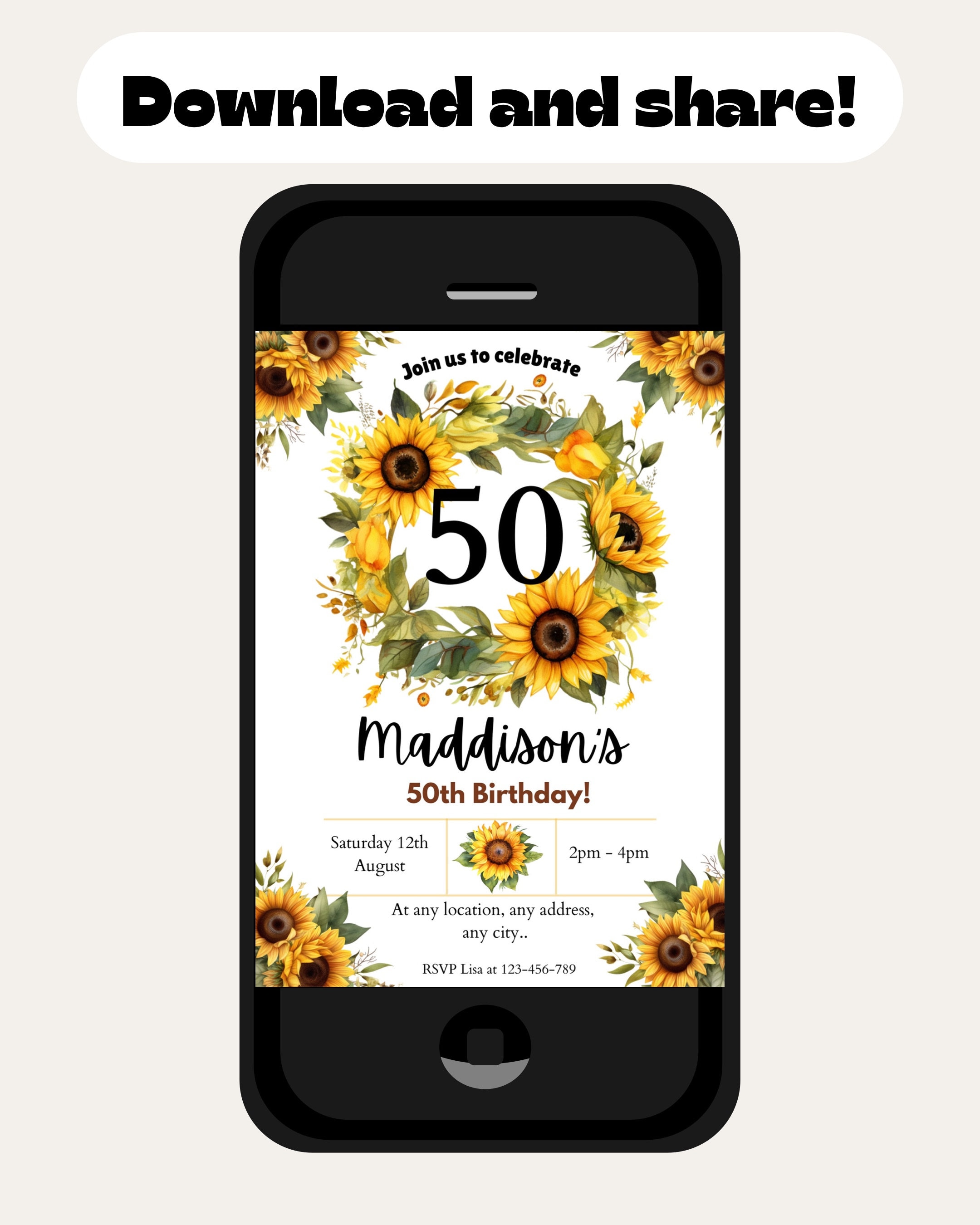 Printable Sunflower 50th Birthday Invitation Editable Rustic Flower ...