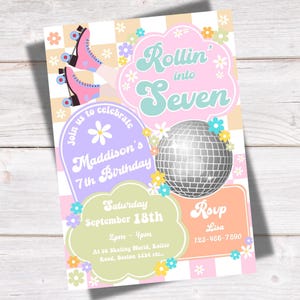 Printable Pastel Roller Skating Girls 7th Birthday Invitation Roller ...