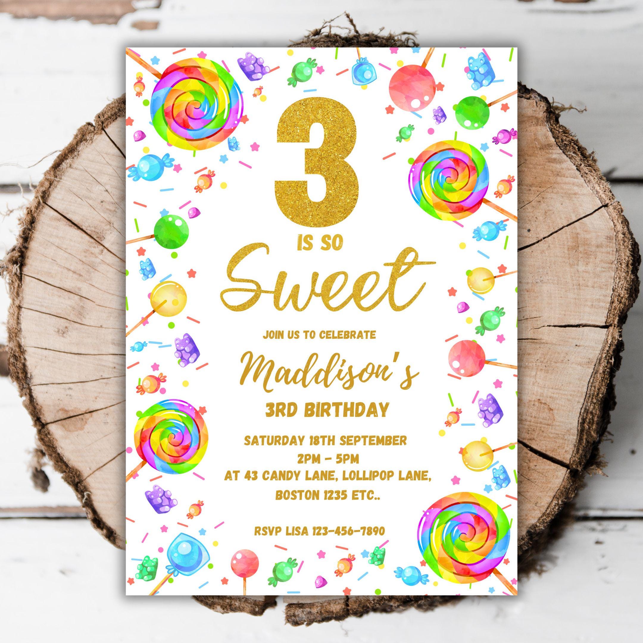 Printable Candy 3rd Birthday Invitation 3 is so Sweet Editable Candy ...
