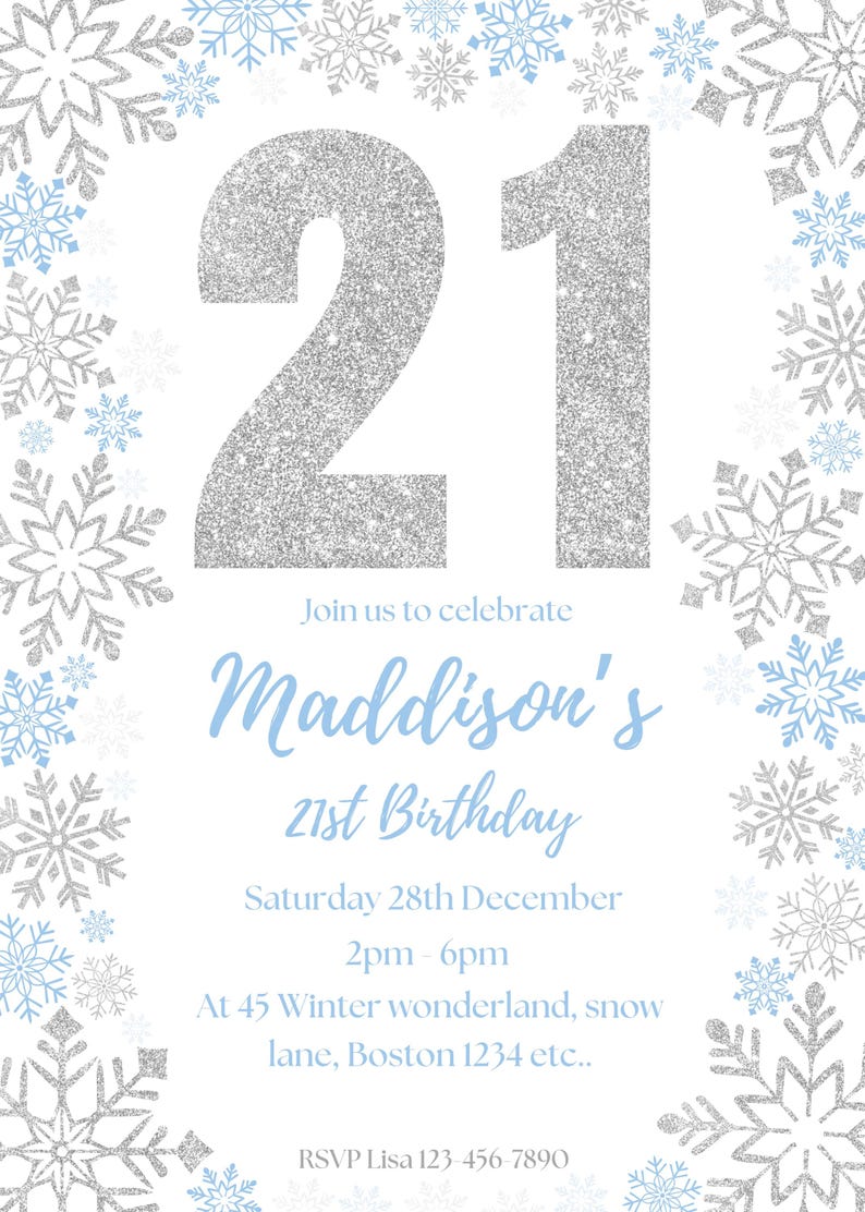 Printable Snowflake 21st Birthday Invitation Winter Wonderland Editable ...