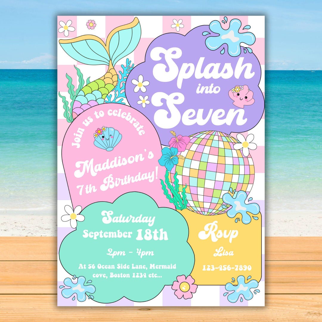 Printable Pool Party 7th Birthday Invitation Waterpark Splash Editable ...