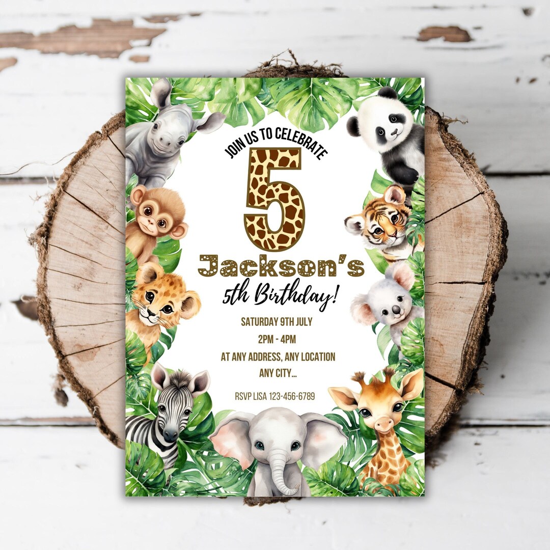 Printable Jungle Safari 5th Birthday Party Invitation Template Boys ...